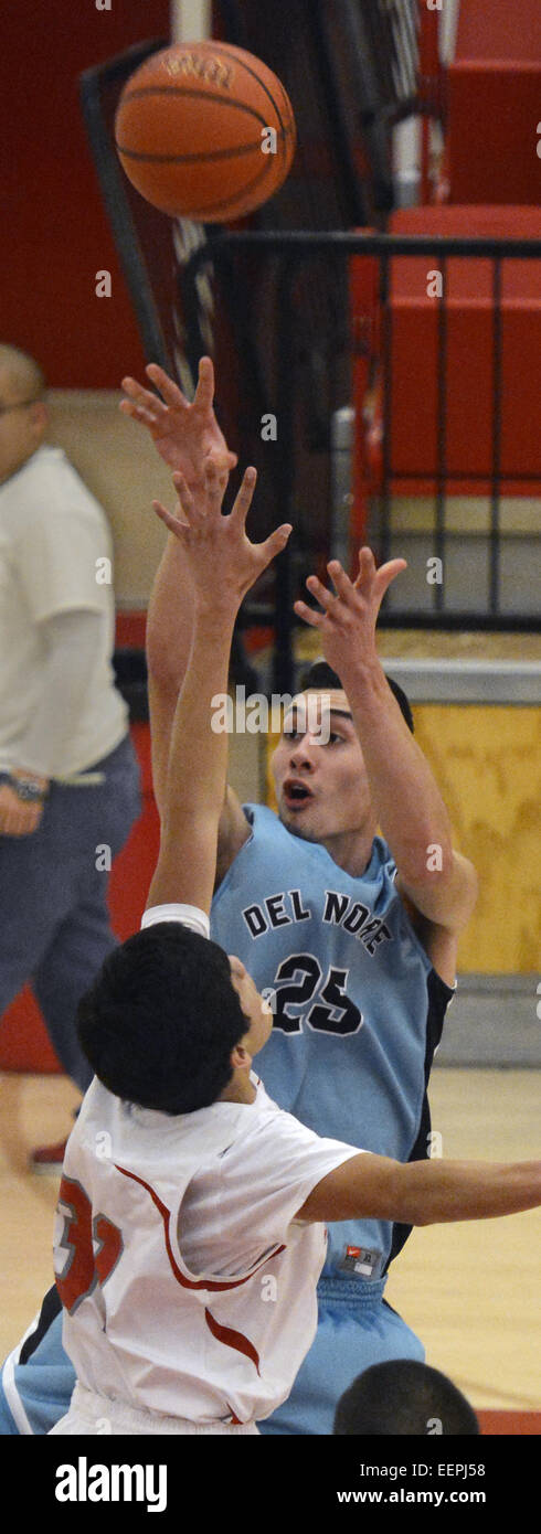 Usa. 20th Jan, 2015. SPORTS -- Del Norte's Daniel Delgado 25, takes a 3 ...