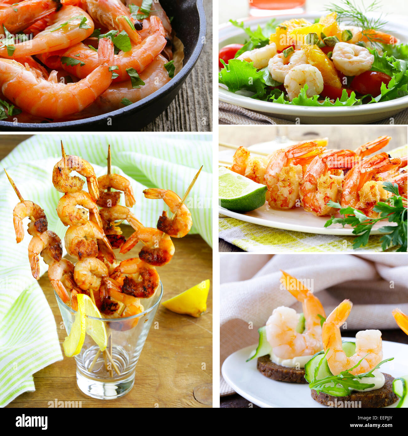 collage of various food shrimp (salad, canapes, skewers Stock Photo - Alamy