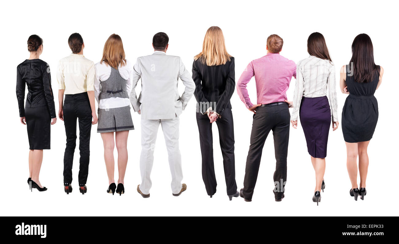 Back view of business team looks at wall. Teamwork business people ...