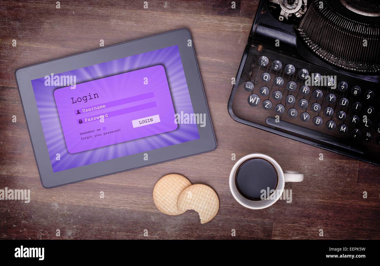 Login interface on tablet - username and password, purple Stock Photo ...