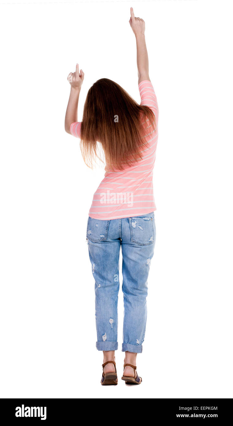 Back view of joyful woman celebrating victory hands up. Rear view ...