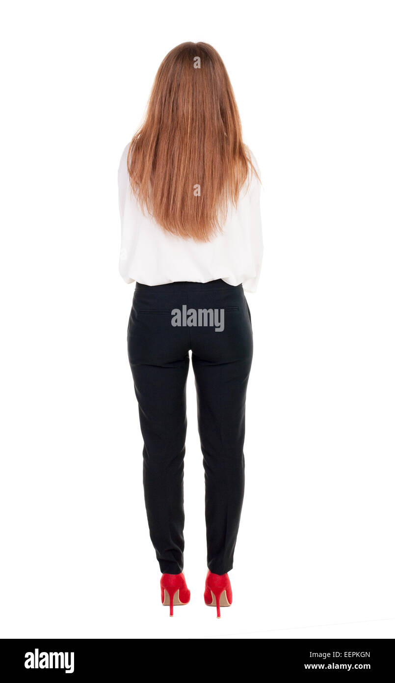 back view of redhead business woman contemplating. Young girl in suit ...