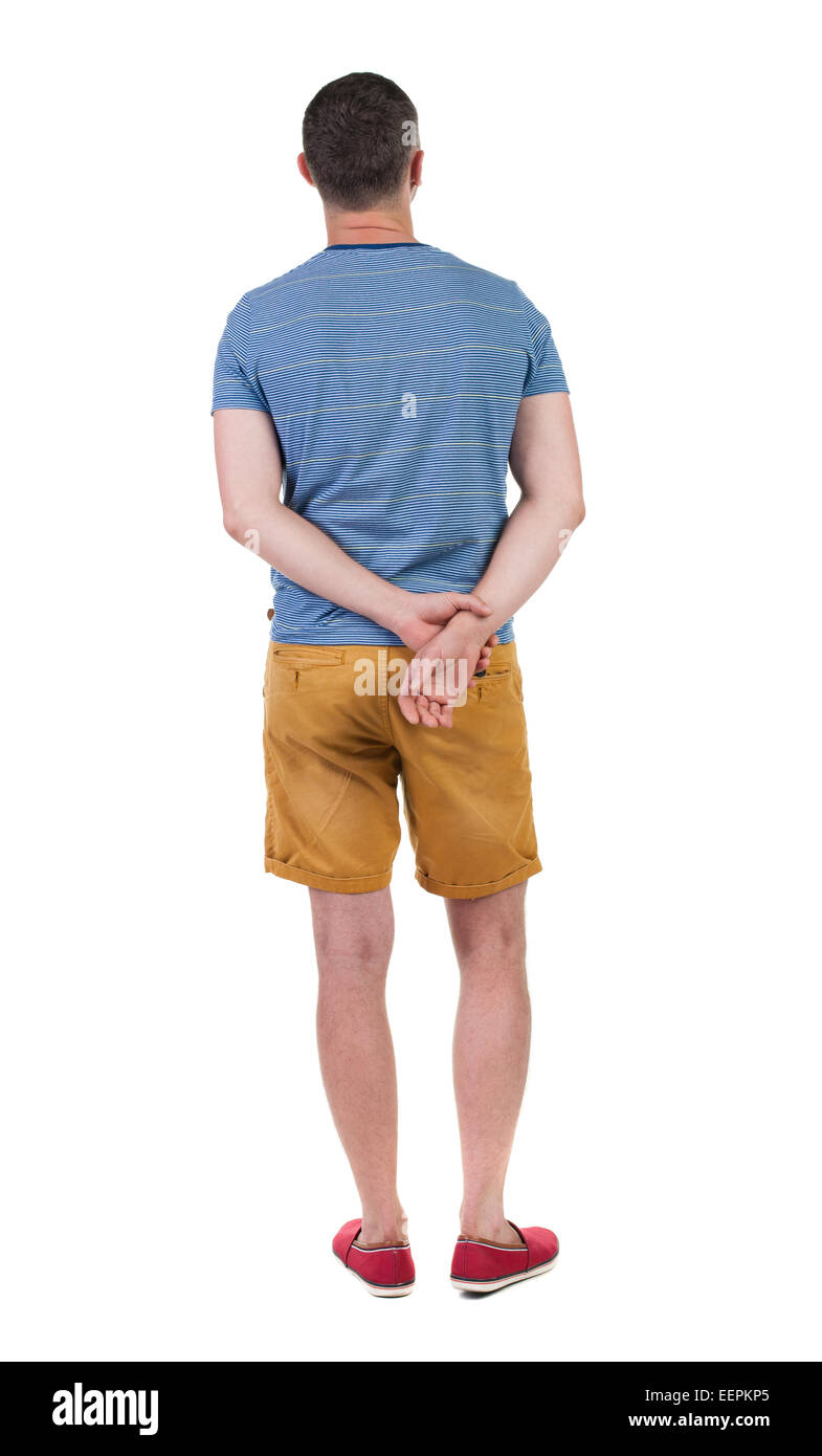 Back view of young manin shorts looking. Rear view people collection ...