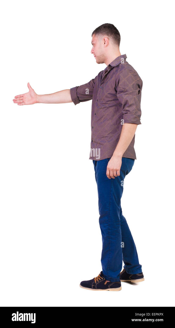 Back side view of man in shirt handshake. Isolated over white ...