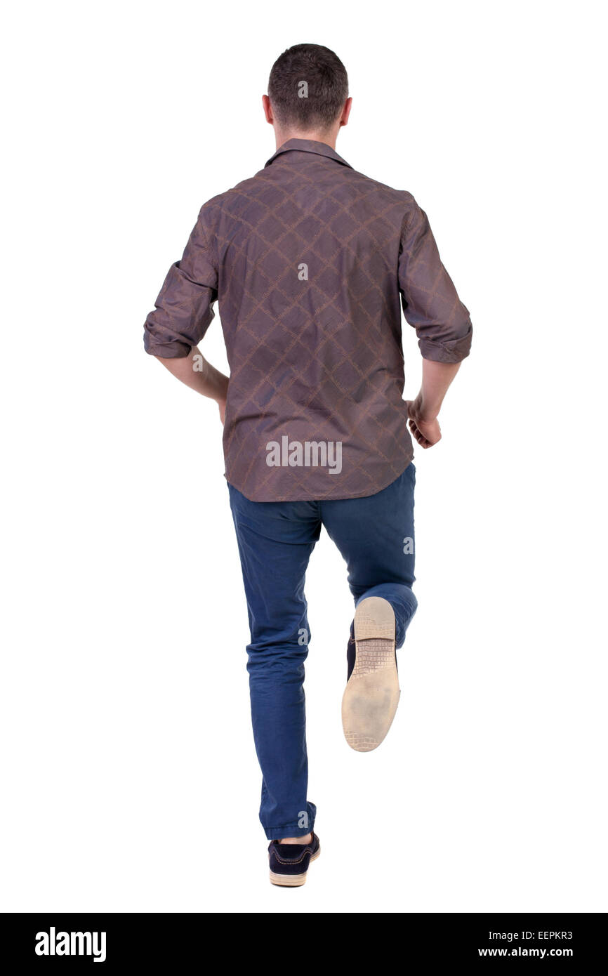 Back view of running man in brown shirt. Walking guy in motion. Rear ...