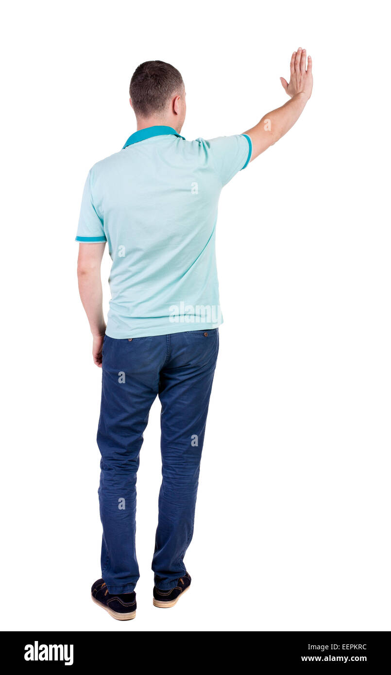 Back side view of man in shirt handshake. Isolated over white ...