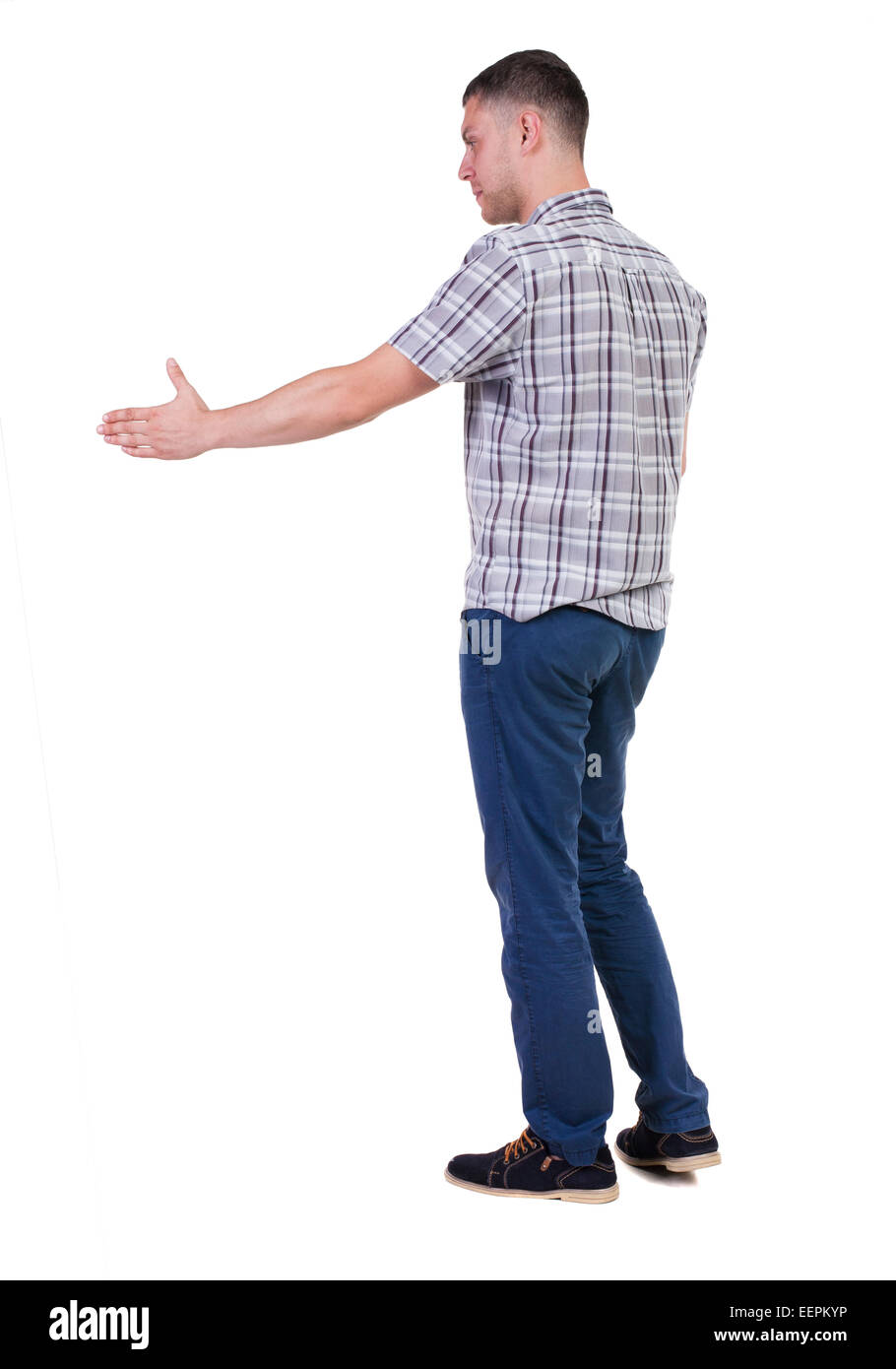 Back side view of man in shirt handshake. Isolated over white ...