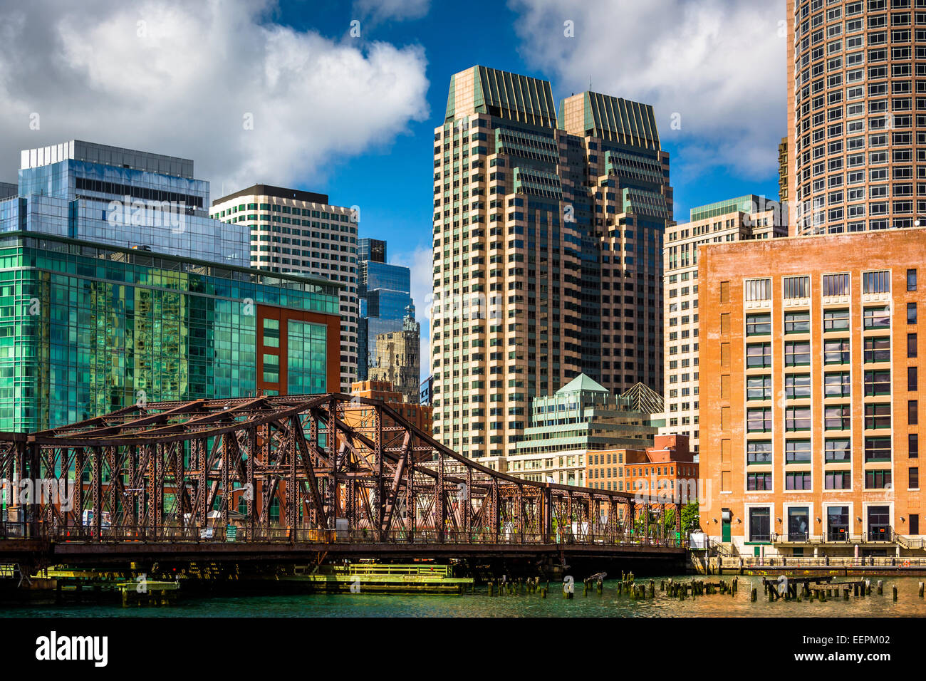An old bridge over Fort Point Channel and buildings in Boston ...