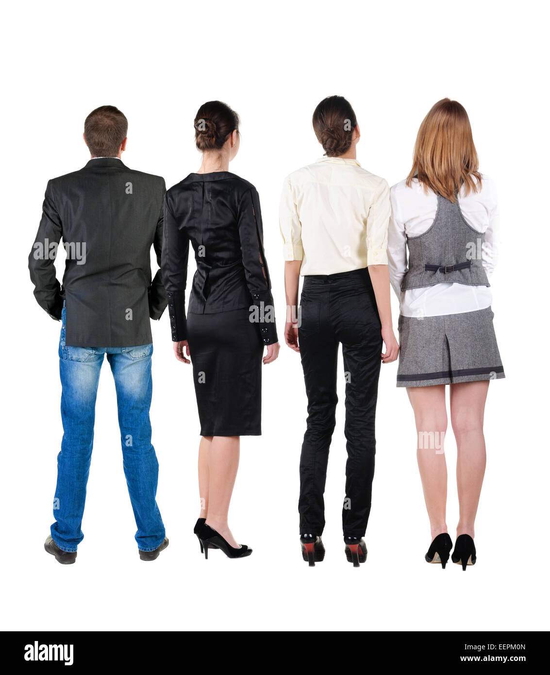 Back view of business team looks at wall. Teamwork business people ...