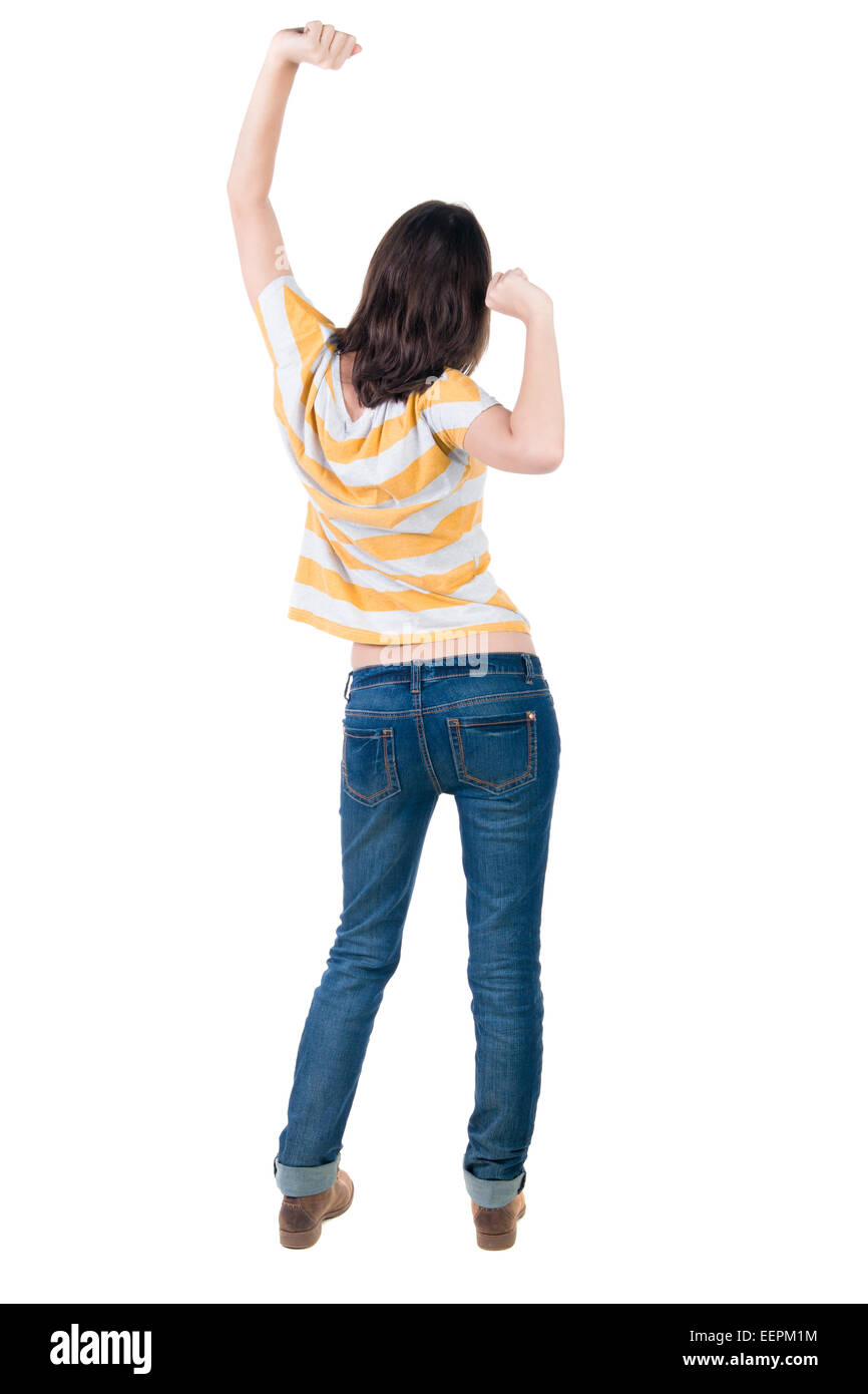 Back view of woman thumbs up. Rear view people collection. backside ...