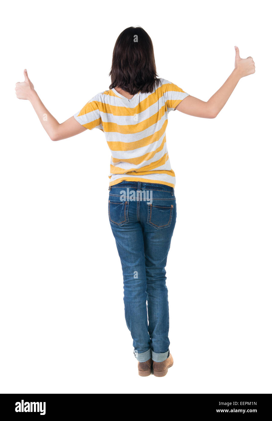 Back view of woman thumbs up. Rear view people collection. backside ...