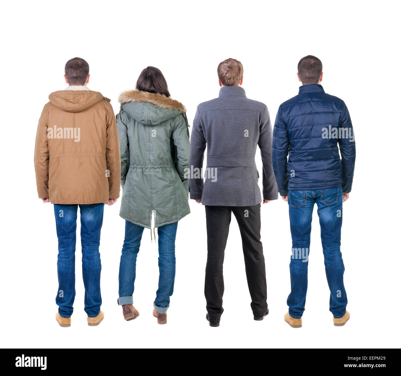 Back view group of people in jacket. Rear view team people collection ...