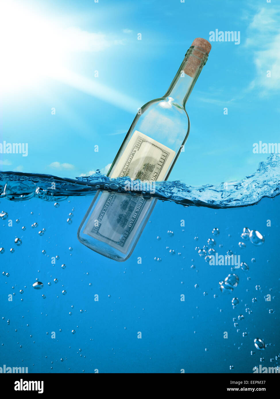 Concept "financial assistance". Bottle of money floating in the water ...