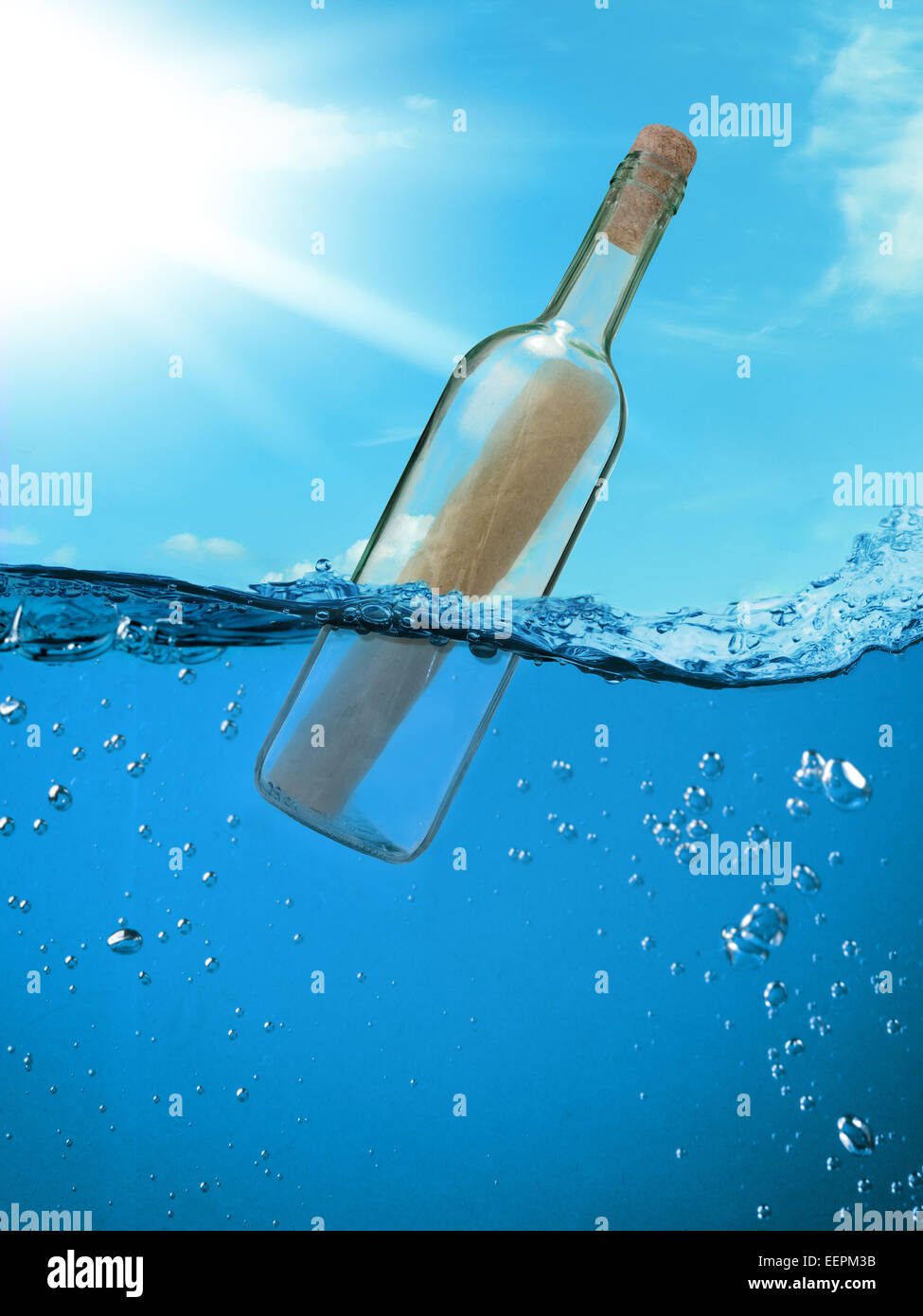 Bottle with a letter from the wreck. A bottle with a note floating in ...