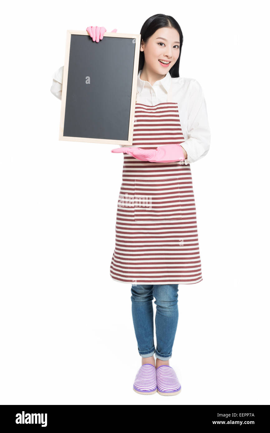 chinese cleaning woman showing sign poster cleaning isolated on white ...