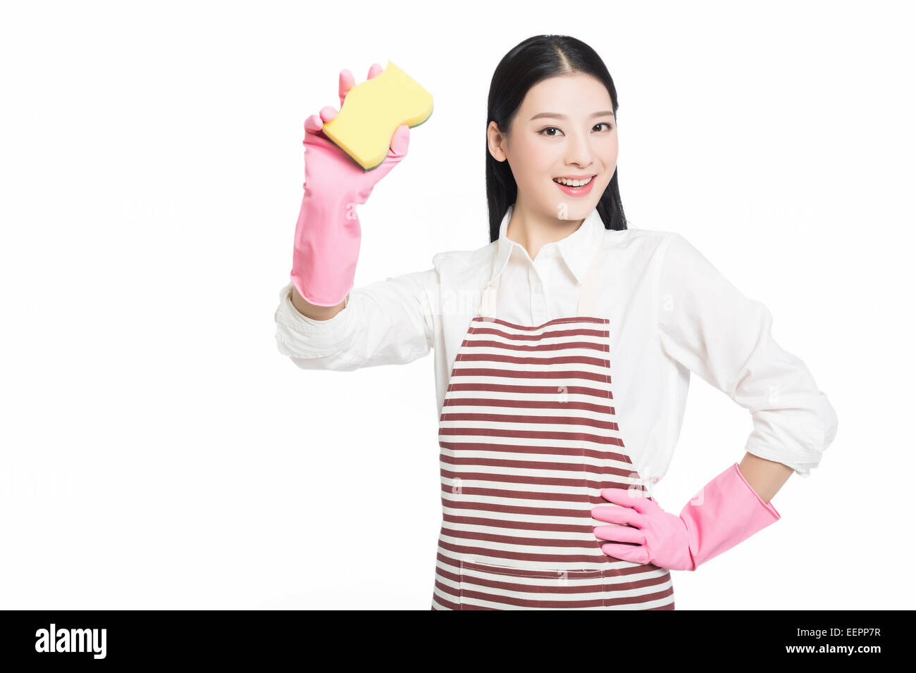 beautiful cleaning girl standing in isolated on white background. asian ...