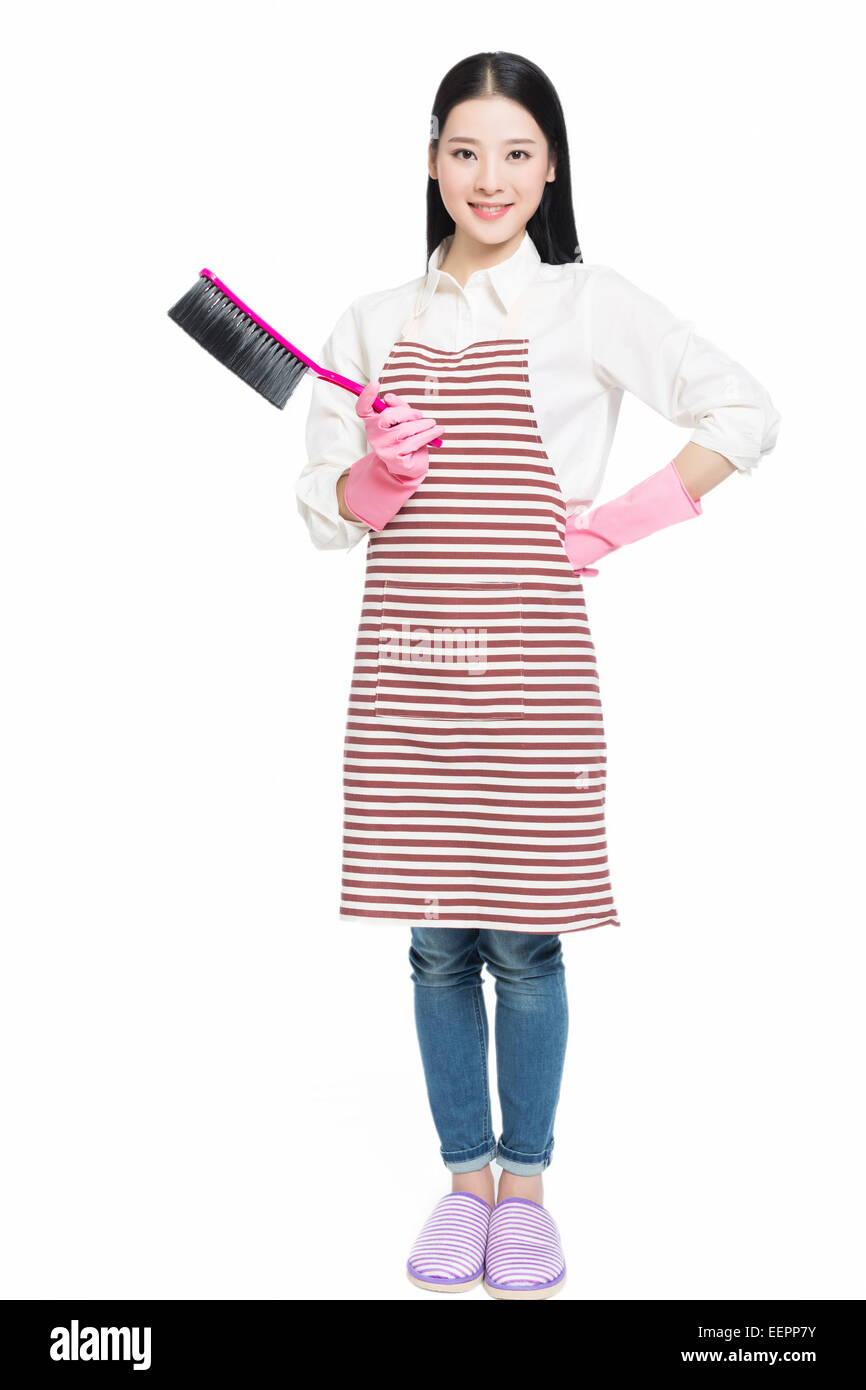 picture of beautiful woman with cleaning sweep, white background Stock ...