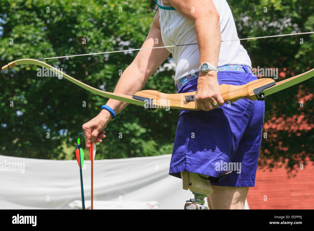 Woman with prosthetic leg preparing for archery practice with bow and ...