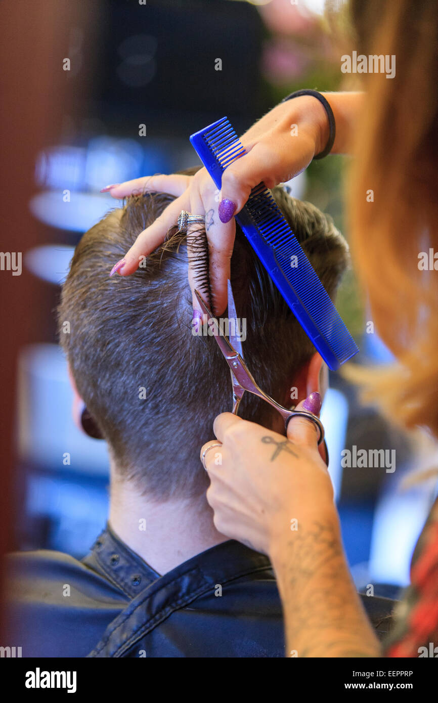 Man with a spinal cord injury at a hair salon getting a hair cut Stock ...