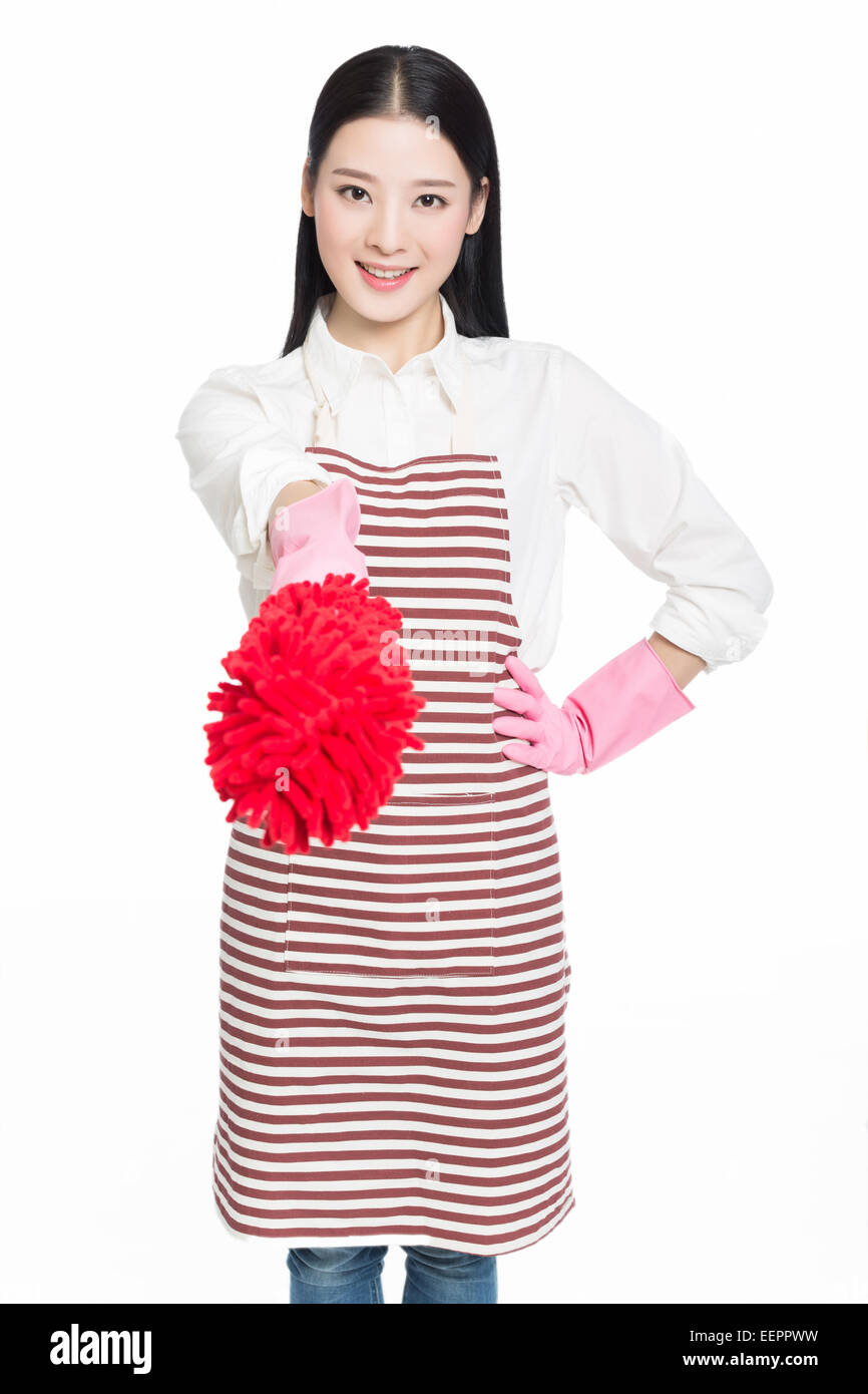 picture of beautiful woman with cleaning sweep, white background Stock ...