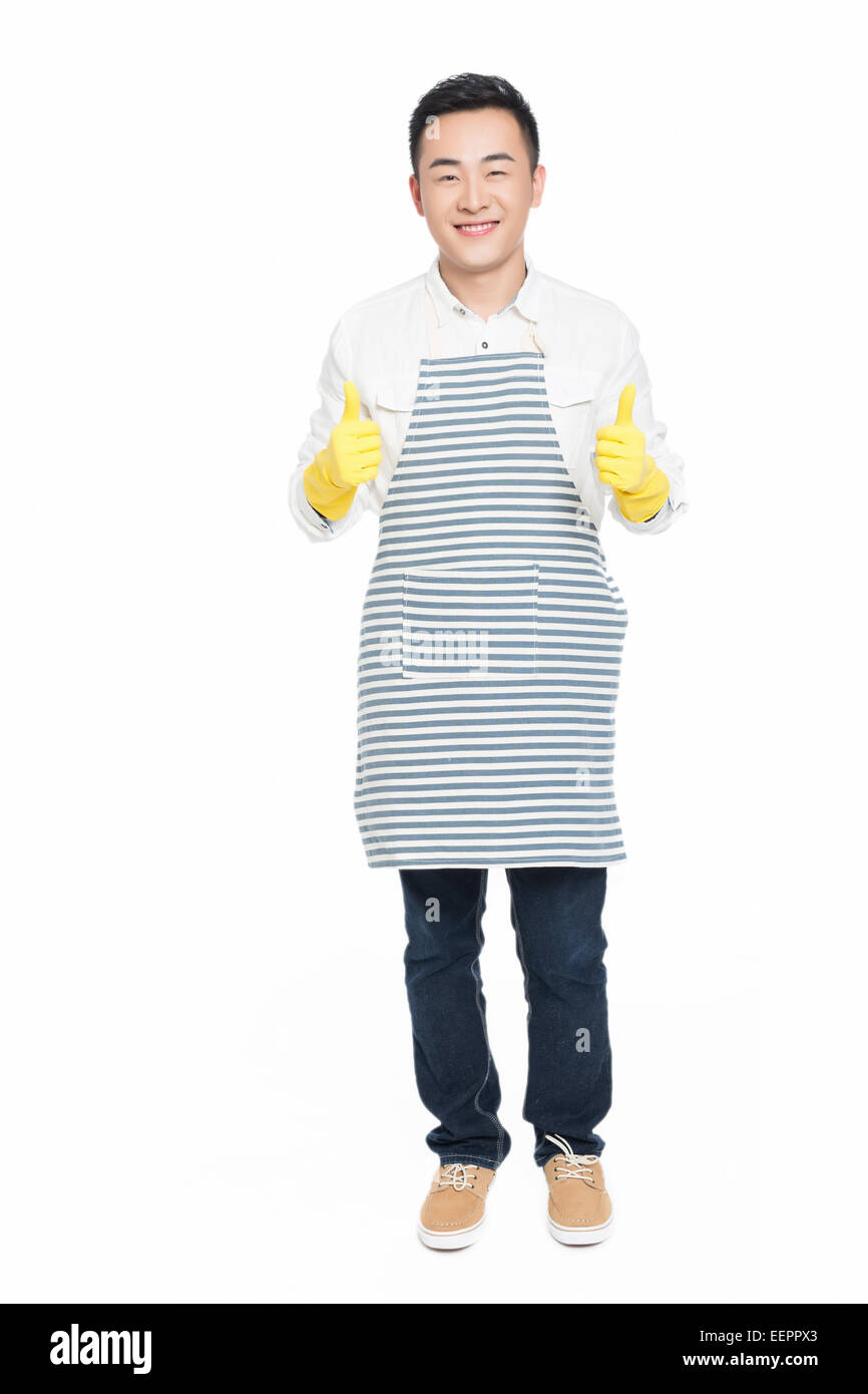 chinese cleaning man standing in isolated on white background Stock ...