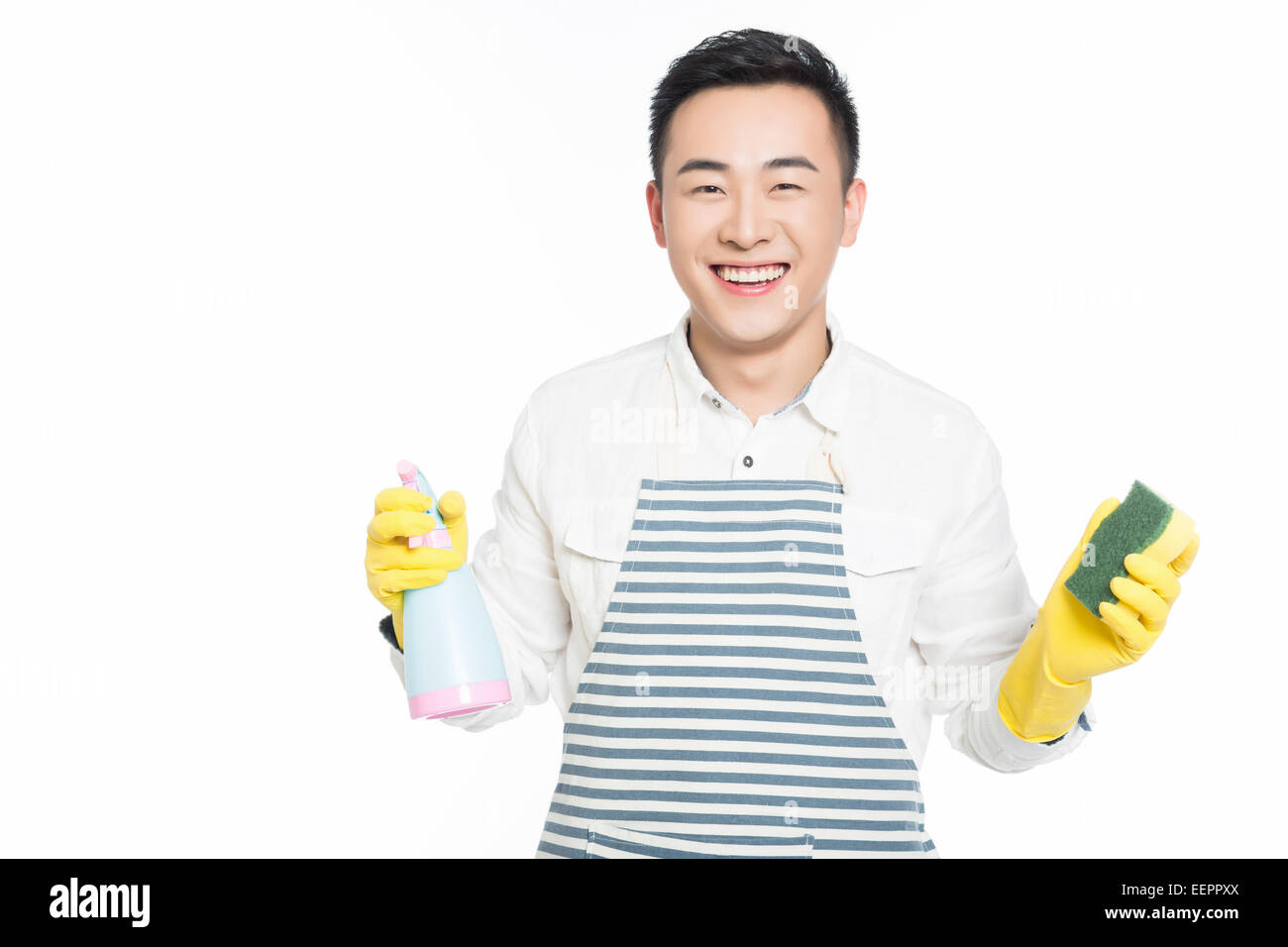 cleaning men standing in isolated on white background. asian chinese ...