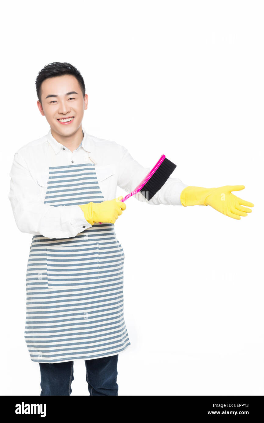 picture of male with cleaning sweep, white background Stock Photo - Alamy