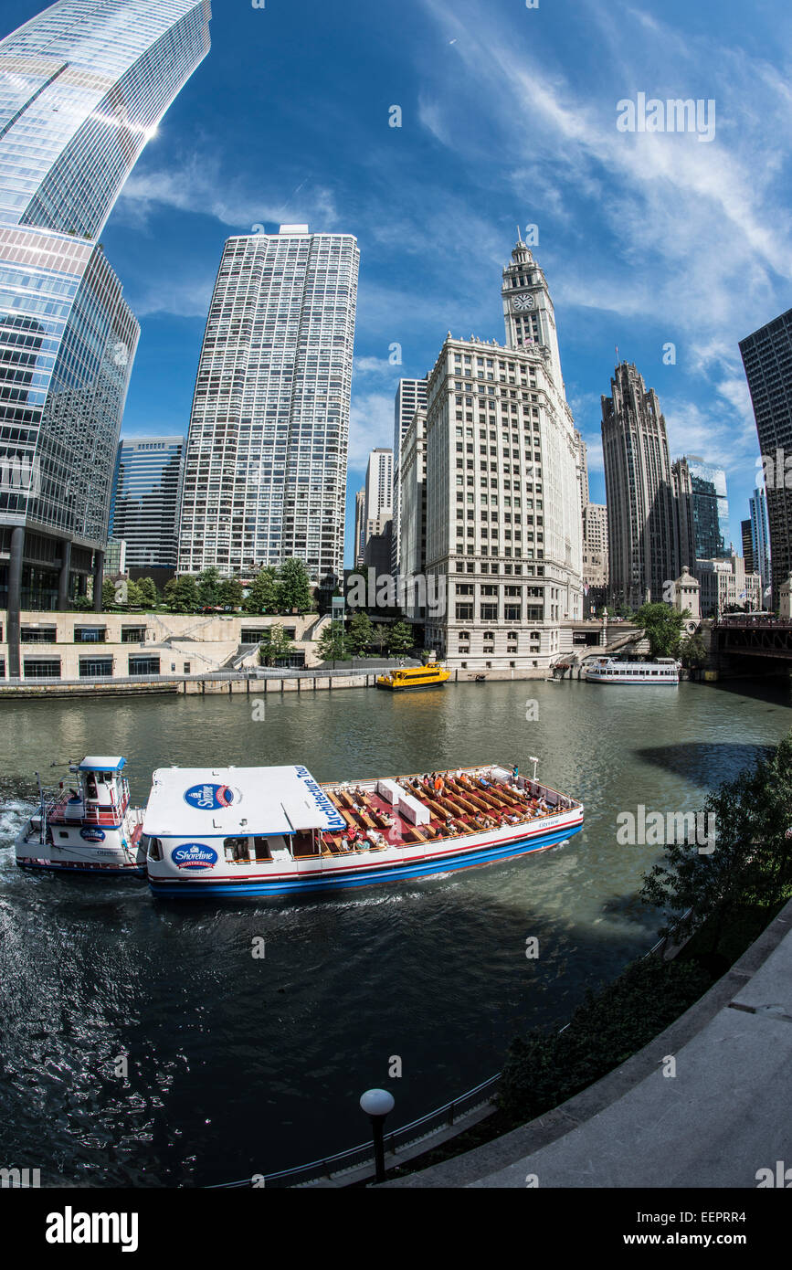 Chicago , classic and modern buildings,Chicago River tourist Boats ...