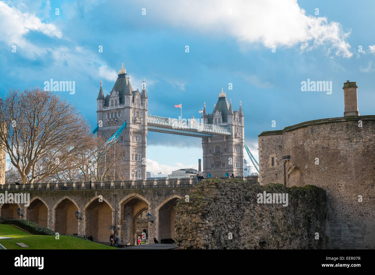 Tower of London perimeter and Tower bridge built 1886-1894 to cross the ...