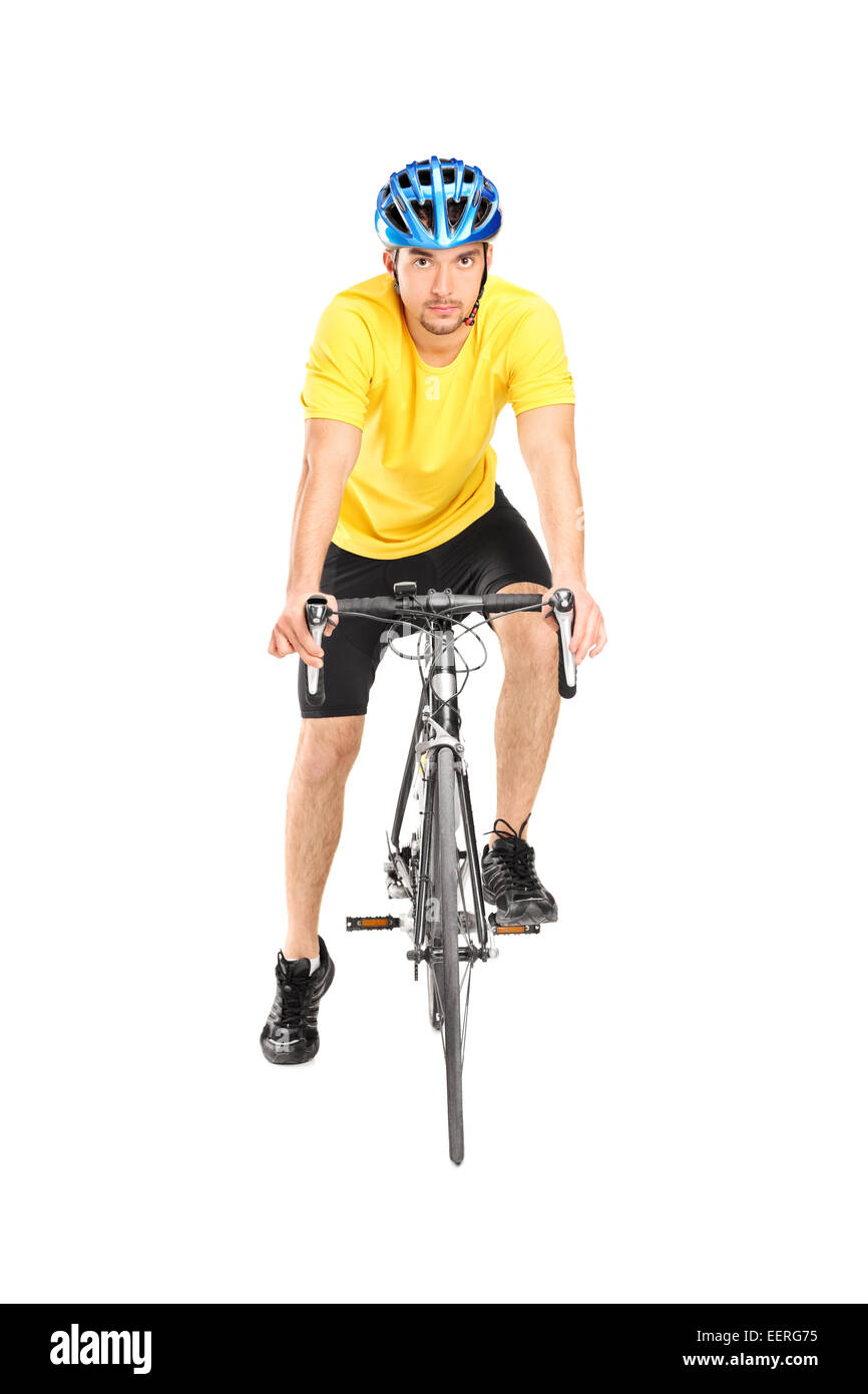 Full length portrait of a male biker posing on his bicycle isolated on ...