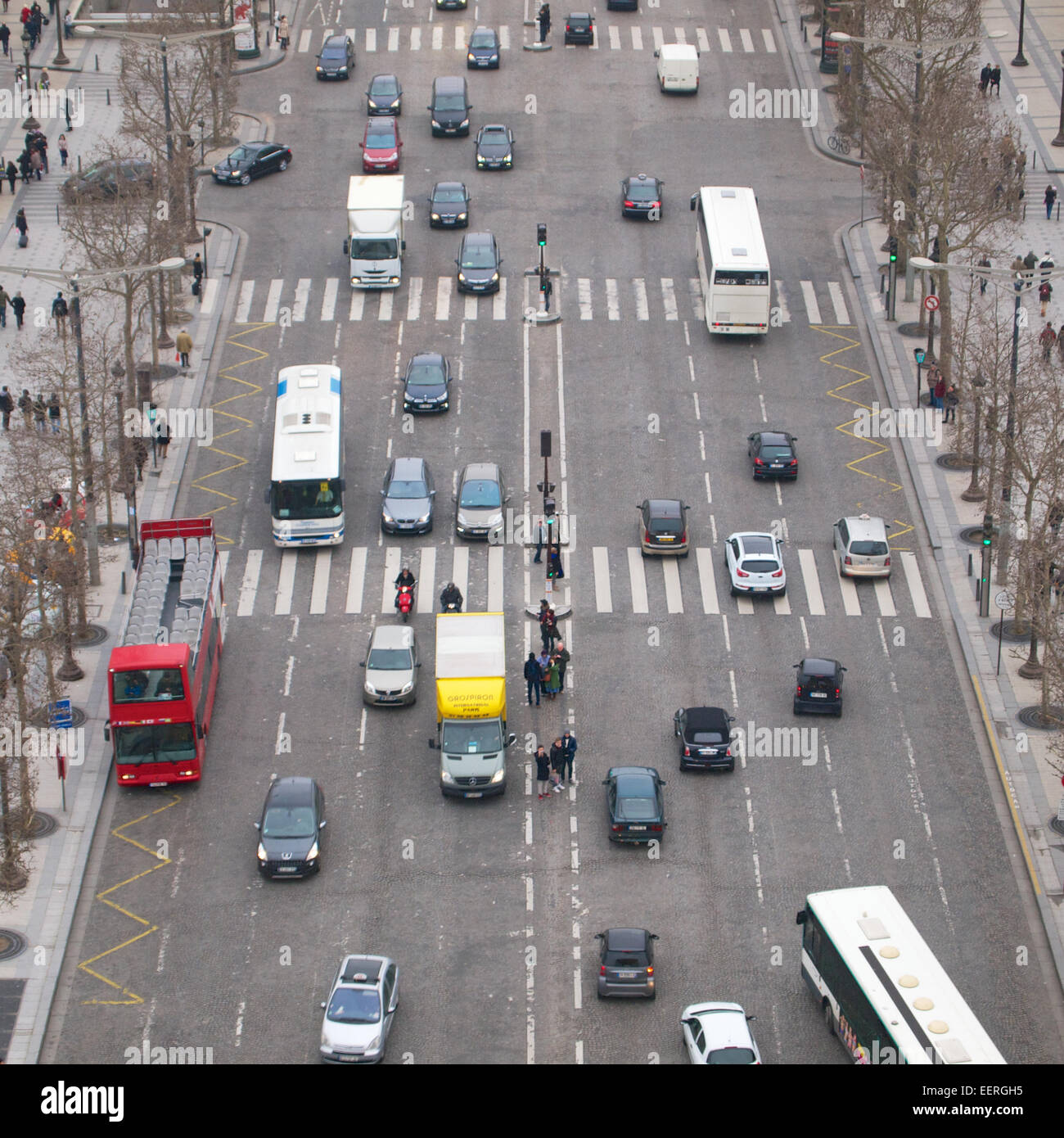 Paris, the Champs Elysées from the Arc du Triomphe with traffic ...