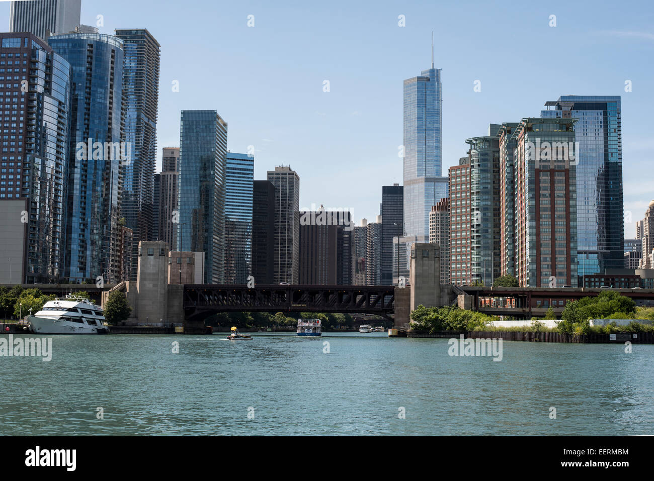 Chicago , classic and modern buildings,view from Chicago River Stock ...