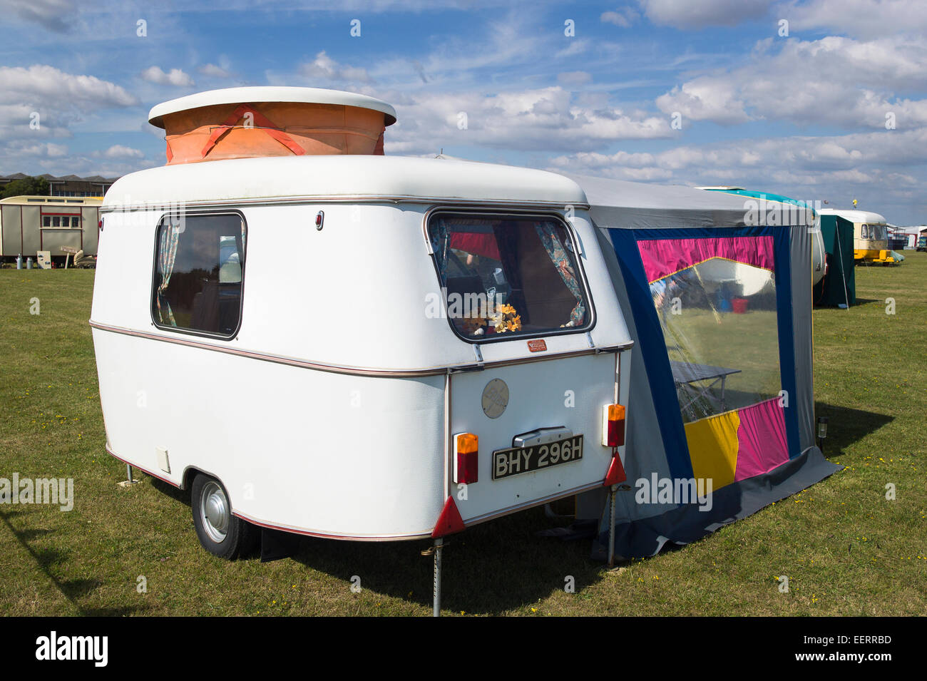 Eriba Puck mini-caravan with pop-up roof at an English showd Stock ...