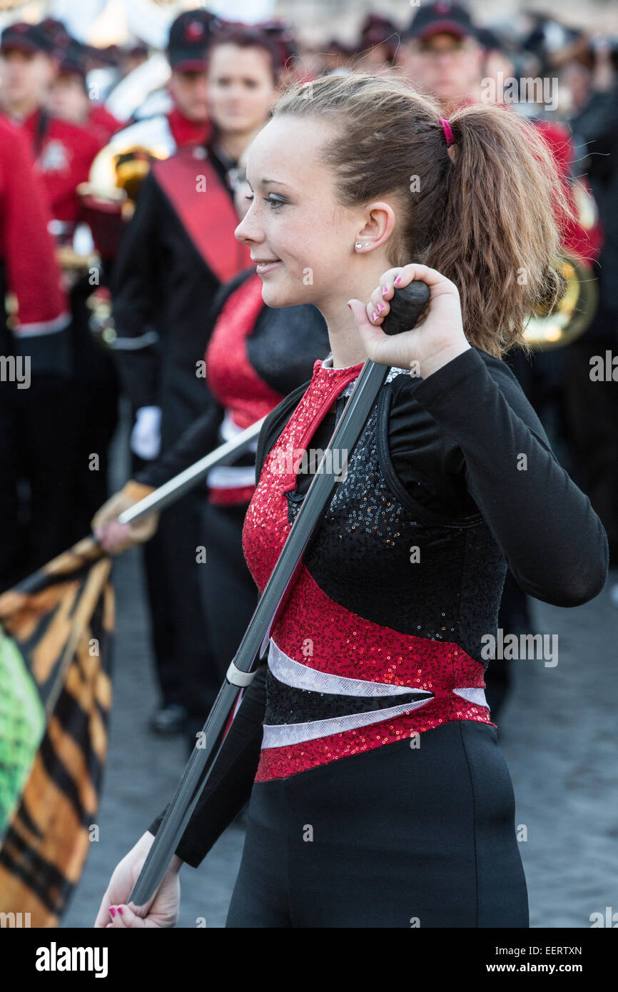 Majorettes and sbandieratori in Piazza del Popolo, Rome, Italy Stock ...