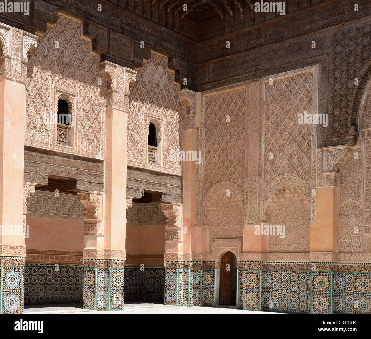 Oranate arches and mosaics in the Ben Youssef Madrasa Islamic college ...
