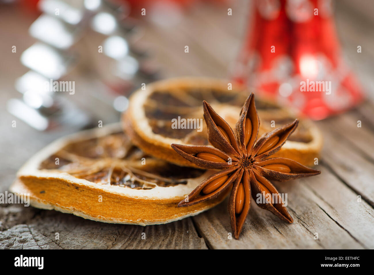 Christmas spices on wooden background Stock Photo - Alamy