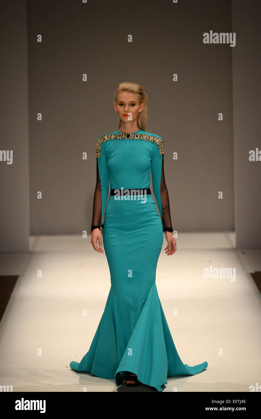 Potsdam, Germany. 20th Jan, 2015. A model presents a design of Israeli ...