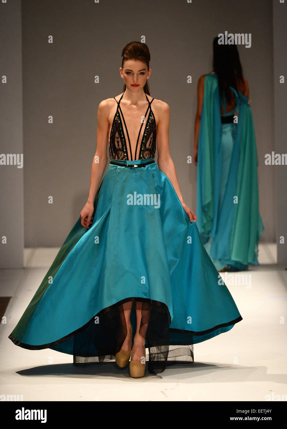 Potsdam, Germany. 20th Jan, 2015. A model presents a design of Israeli ...