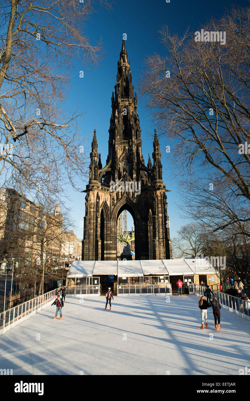 The Scott Monument in Princess Street Gardens, viewed over Ice rink ...