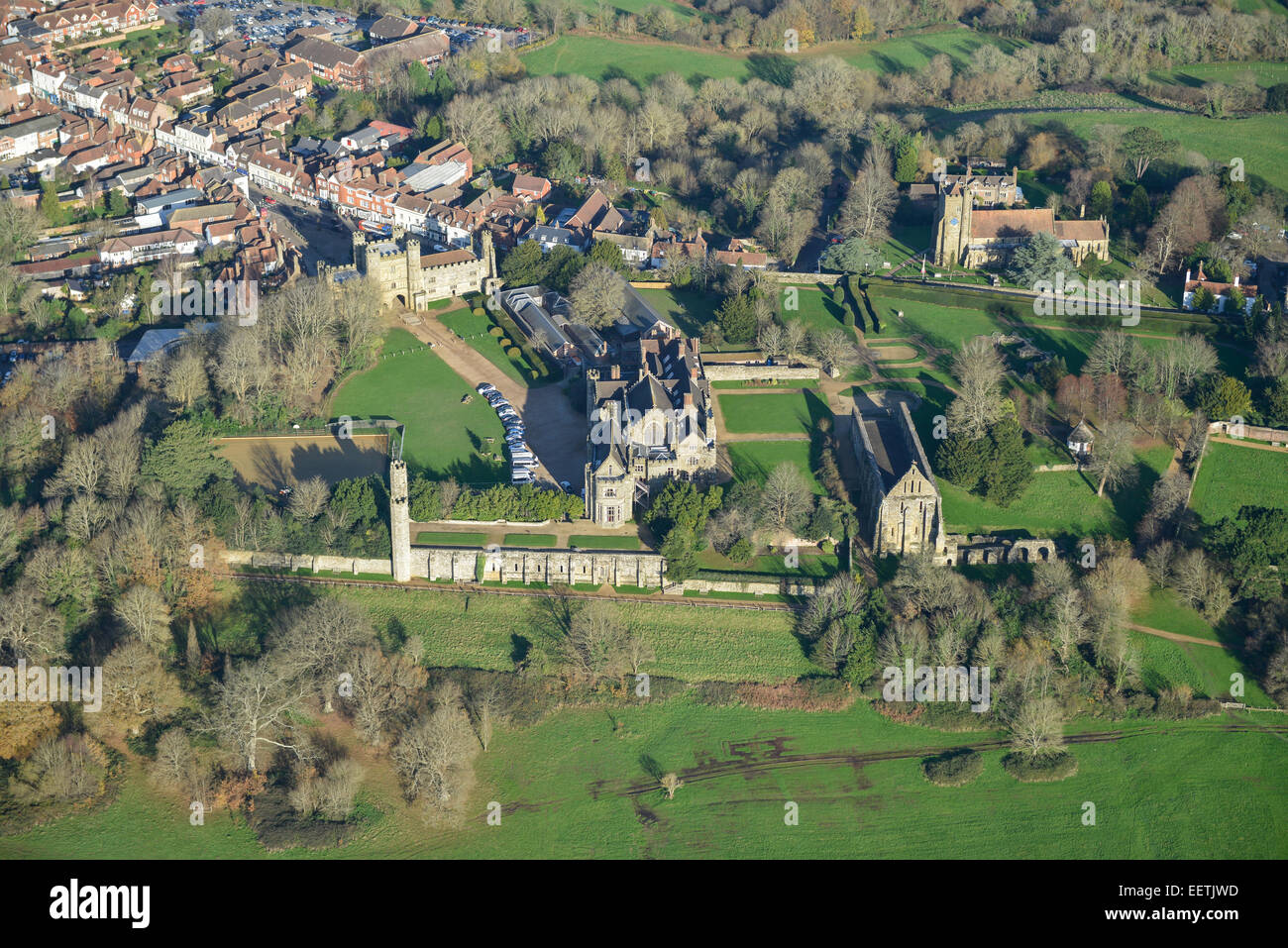 An aerial view of the remains of Battle Abbey and current Battle Abbey ...