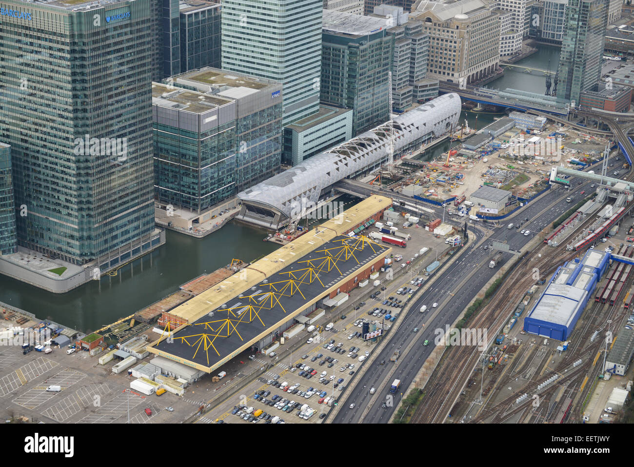 An aerial view showing construction on the Isle of Dogs and ...