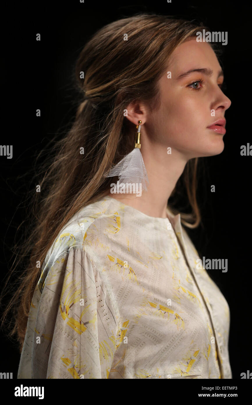 Berlin, Germany. 21st January, 2015. A model displays a creation of ...