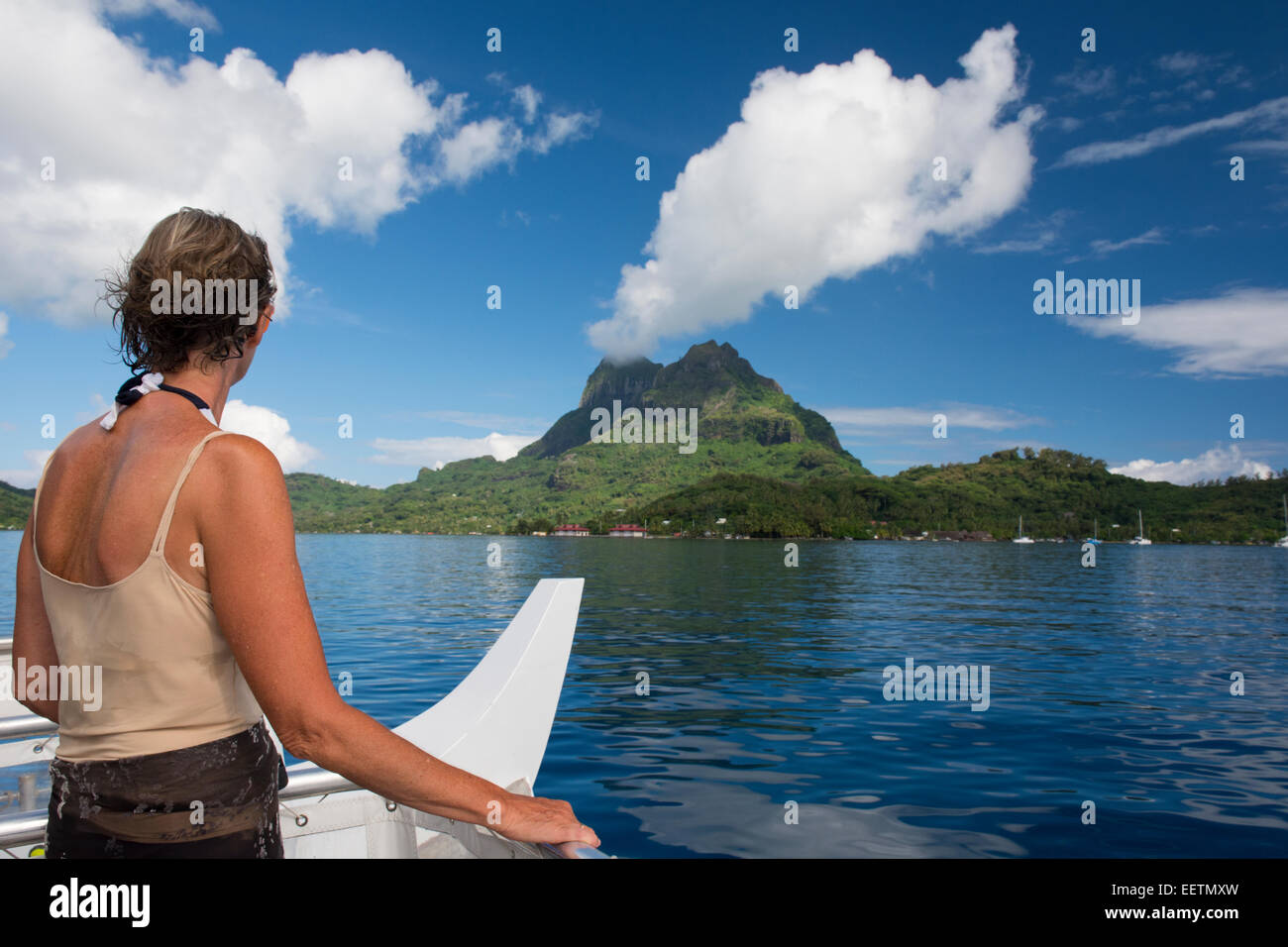 French Polynesia, Society islands, Leeward Islands, Bora Bora. Bow of sightseeing boat with the ...