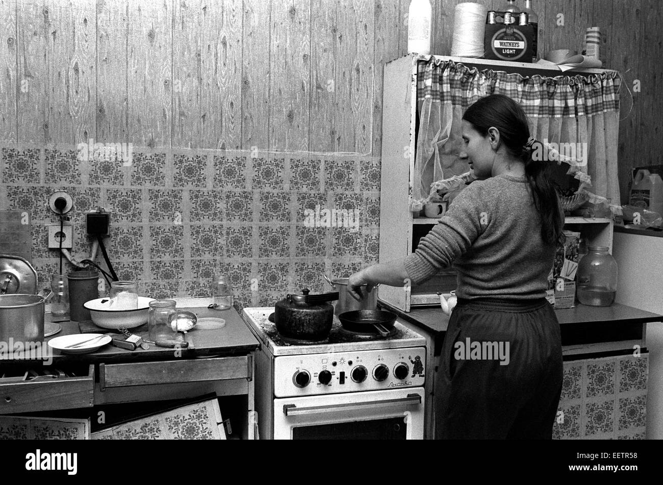 A woman living in poverty cooking for the family in St Petersburg ...