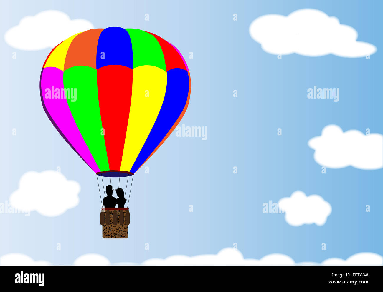 A hot air balloon floating amongst the clouds with a couple in the basket Stock Photo - Alamy