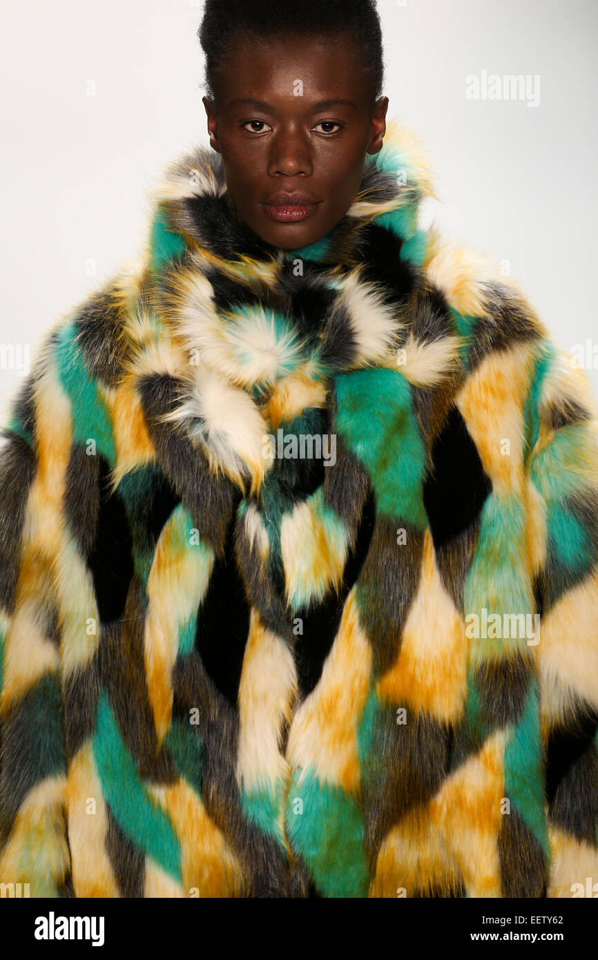 Berlin, Germany. 21st Jan, 2015. A model displays a creation of German ...