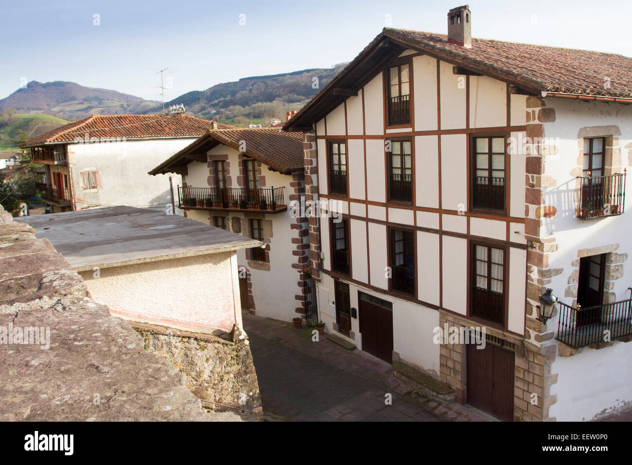 Typical houses on the Main Square of Bera, Navarre, Spain Stock Photo ...