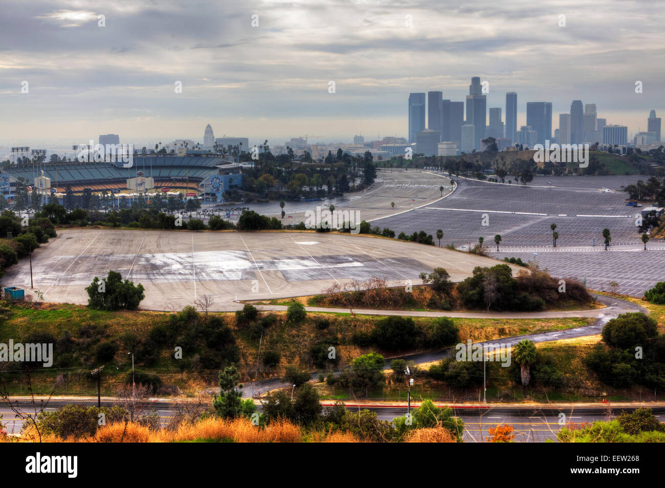 Los Angeles city center with Dodger stadium in the foreground Stock ...
