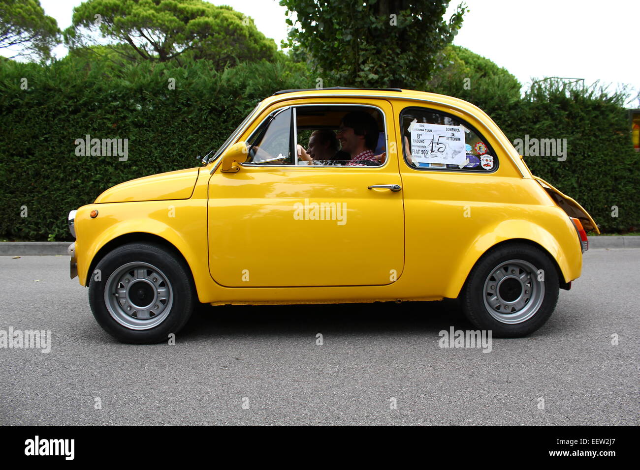 Yellow Fiat 500 during a Fiat 500 carshow in Cavallino Treporti, Italy ...
