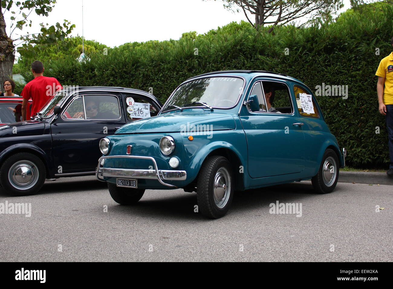 Blue Fiat 500 during a Fiat 500 carshow in Cavallino Treporti, Italy ...